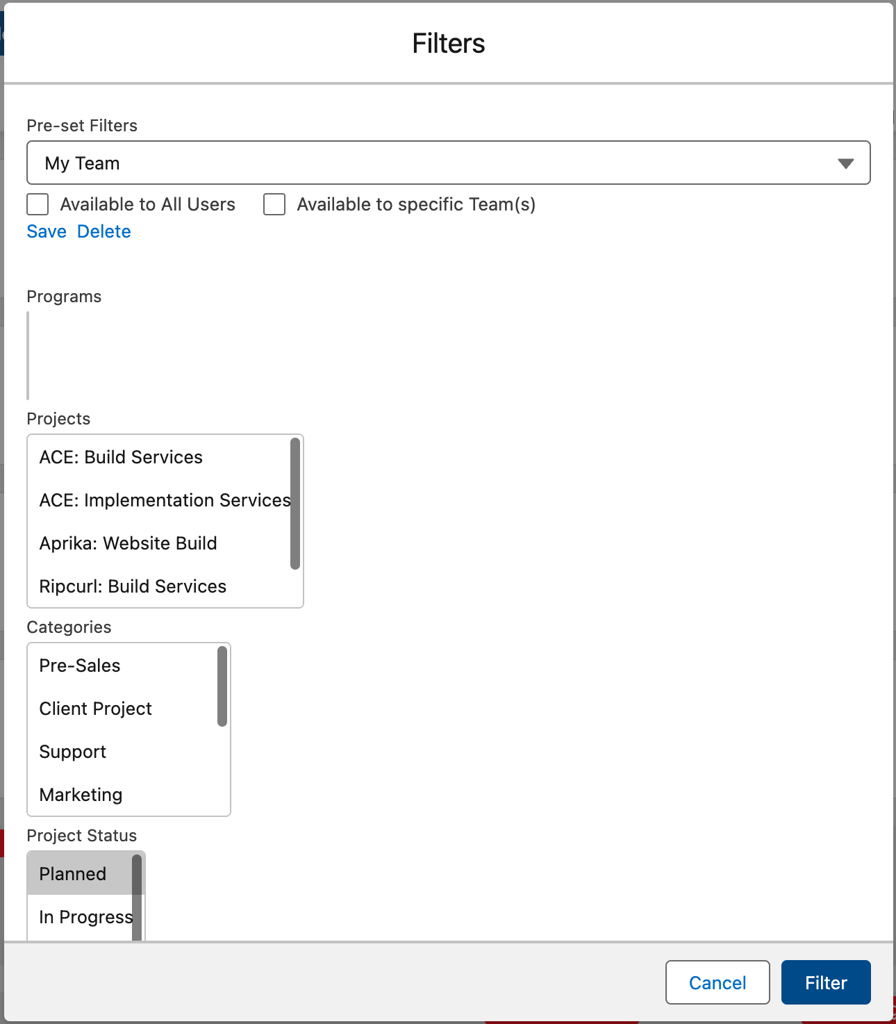 Unable to use the Scheduler Filters